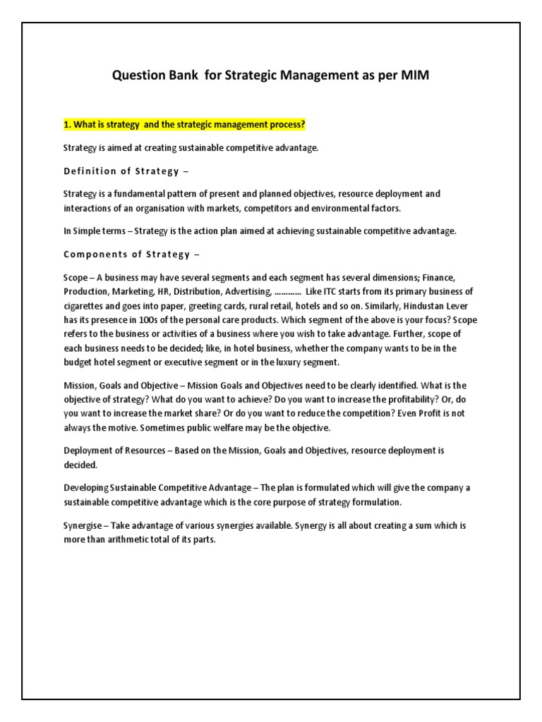 Question Bank For Strategic Management | PDF | Strategic Planning ...