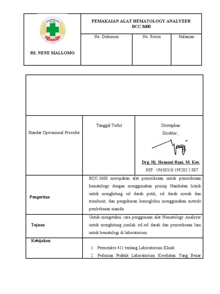 SOP Penggunaan Hematology Analyzer BCC 3600 | PDF