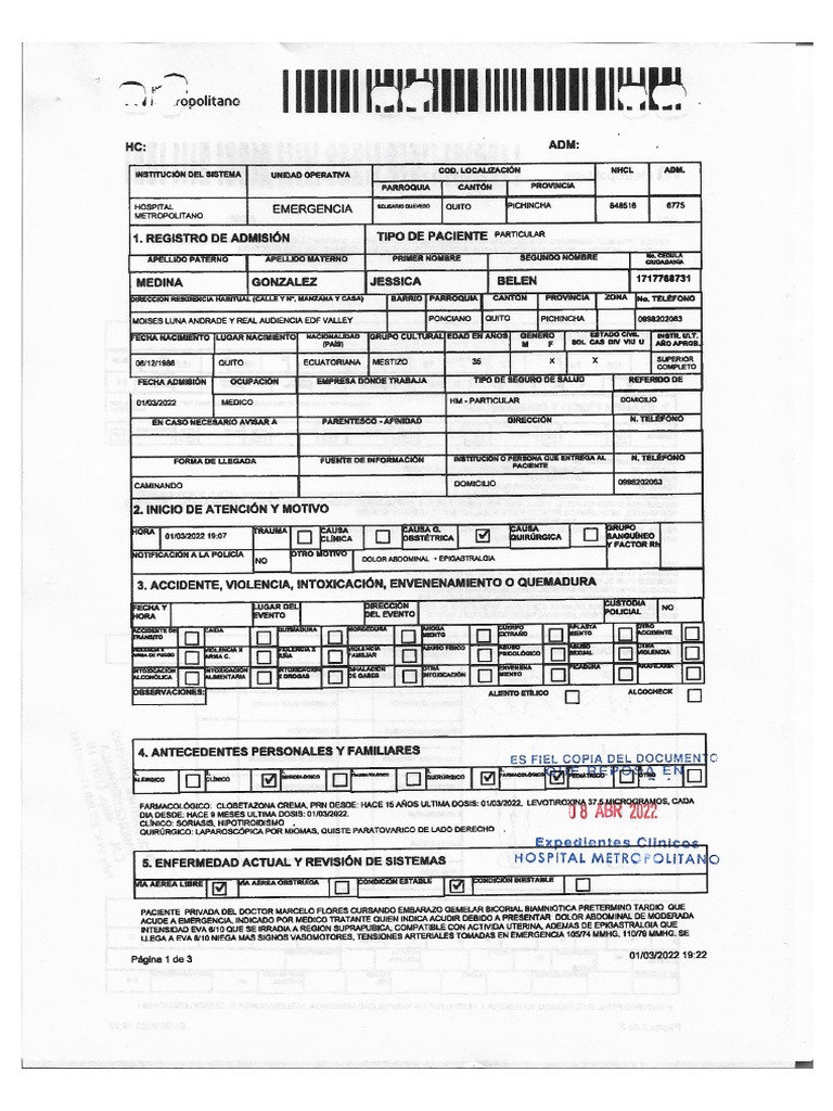 Historia Clinica y Protocolo Operatorio | PDF