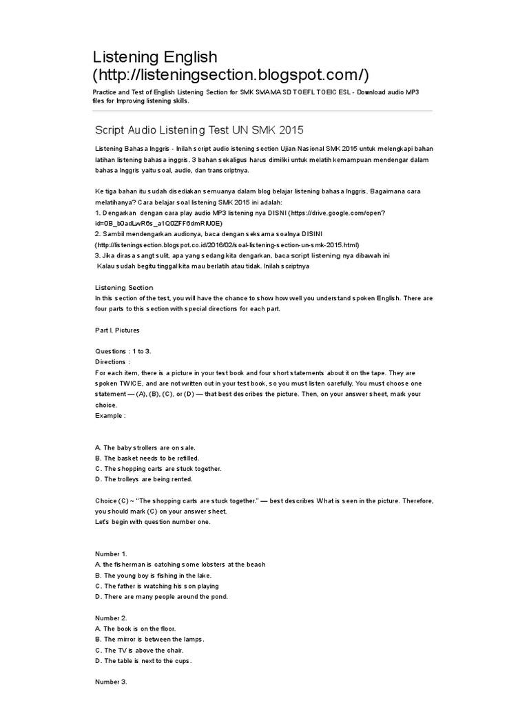 Script Audio Listening Test UN SMK - Listening English | PDF