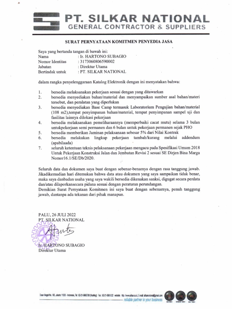 O. Surat Pernyataan Komitmen Penyedia Jasa | PDF