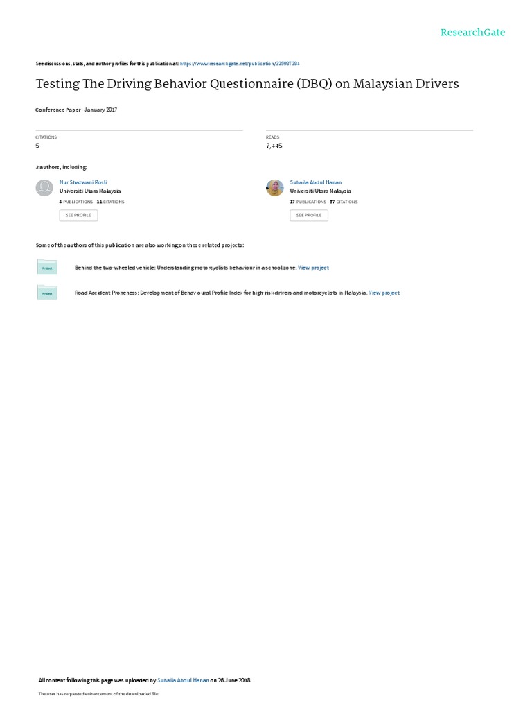 Testing The Driving Behavior Questionnaire (DBQ) On Malaysian Drivers ...