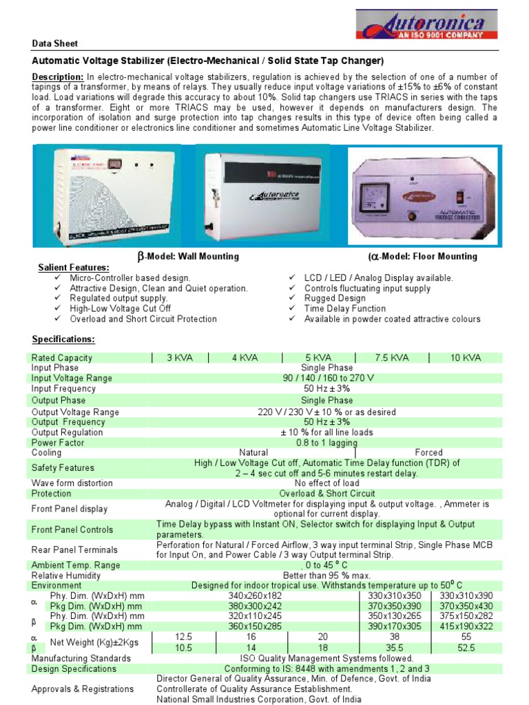 Automatic Voltage Stabilizers | PDF | Transformer | Electrical Components