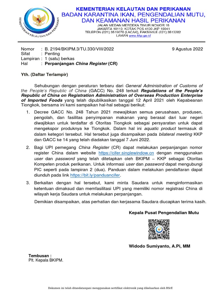 Perpanjangan China Register untuk UPI | PDF