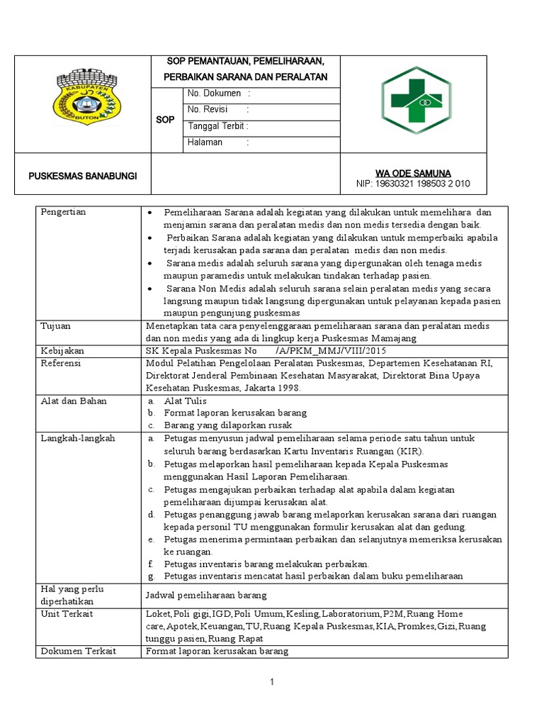 Sop Pemantauan Pemeliharaan, Perbaikan Sarana Dan Peralatan | PDF