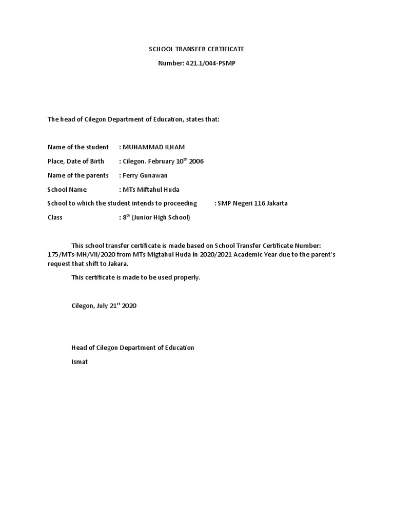 School Transfer Certificate 2020 | PDF