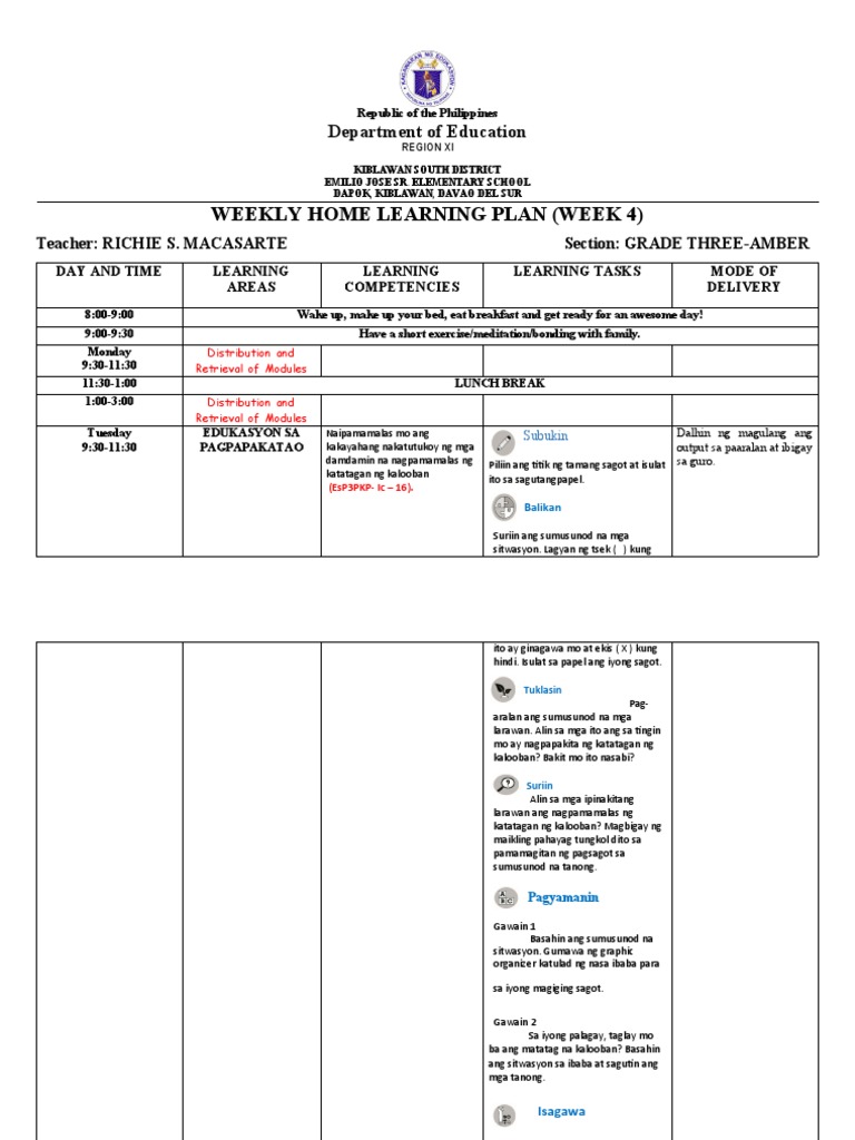 Weekly Home Learning Plan Week 4 | PDF