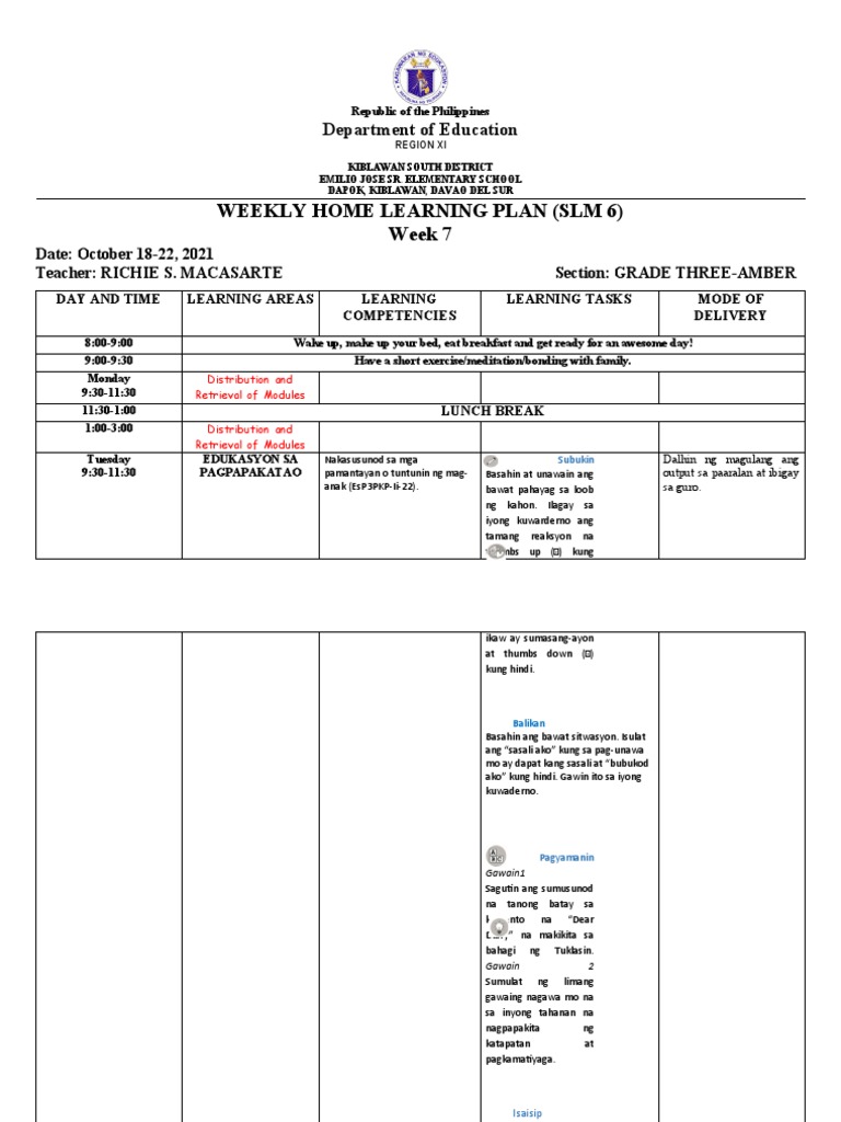 Weekly Home Learning Plan Week 8 Slm6 | PDF
