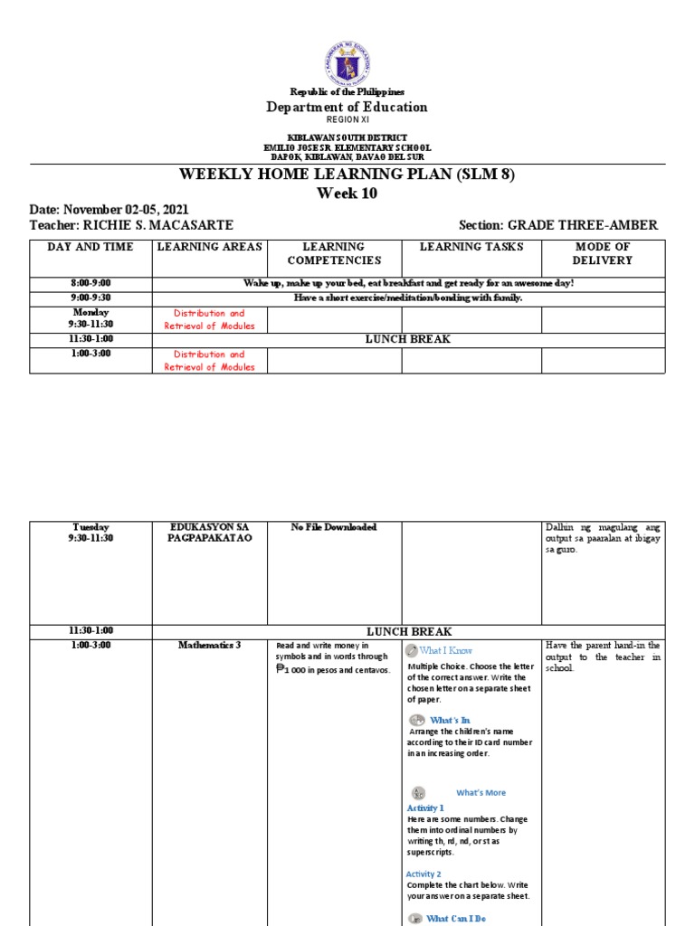 Weekly Home Learning Plan Week 8 Slm6 | PDF