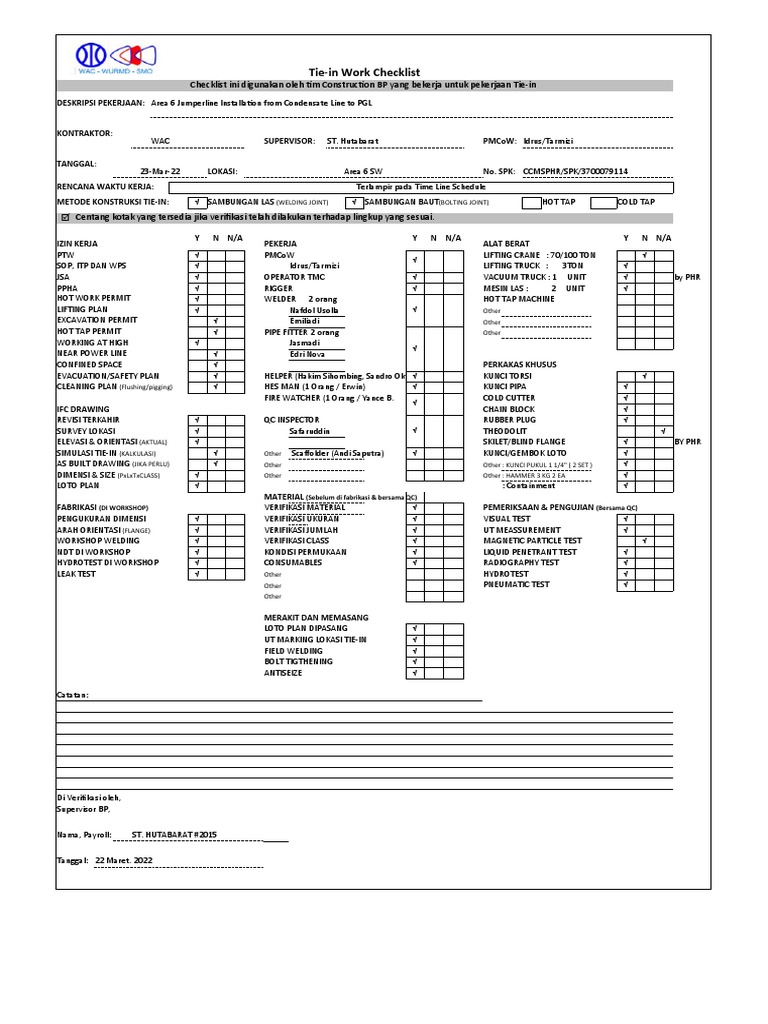 Timeline & Tie-In Work Checklist Project Jumperline Area 6SW - 23 - 03 ...