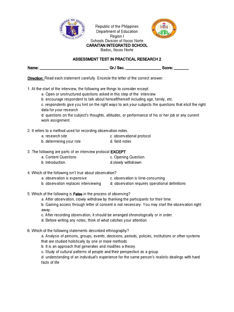 Assessment Test in PR 2 | Download Free PDF | Sampling (Statistics ...