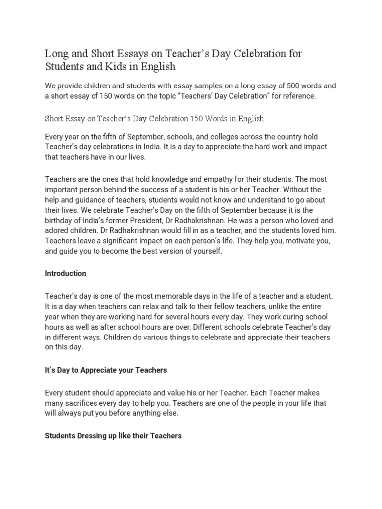 Long and Short Essays On Teacher's Day | PDF