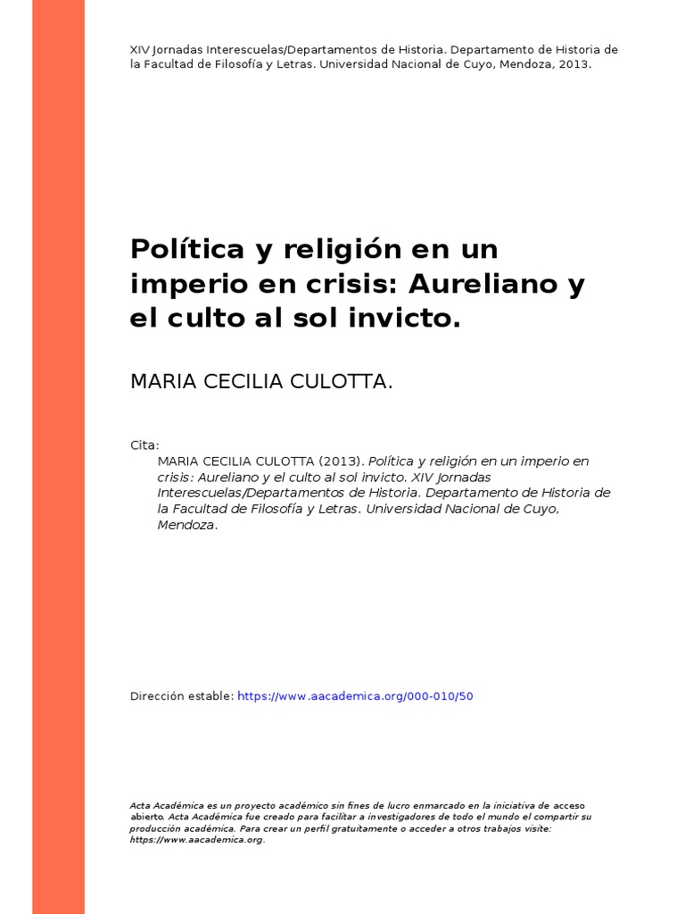 MARIA CECILIA CULOTTA (2013) - Política y Religión en Un Imperio en Crisis Aureliano y El Culto ...