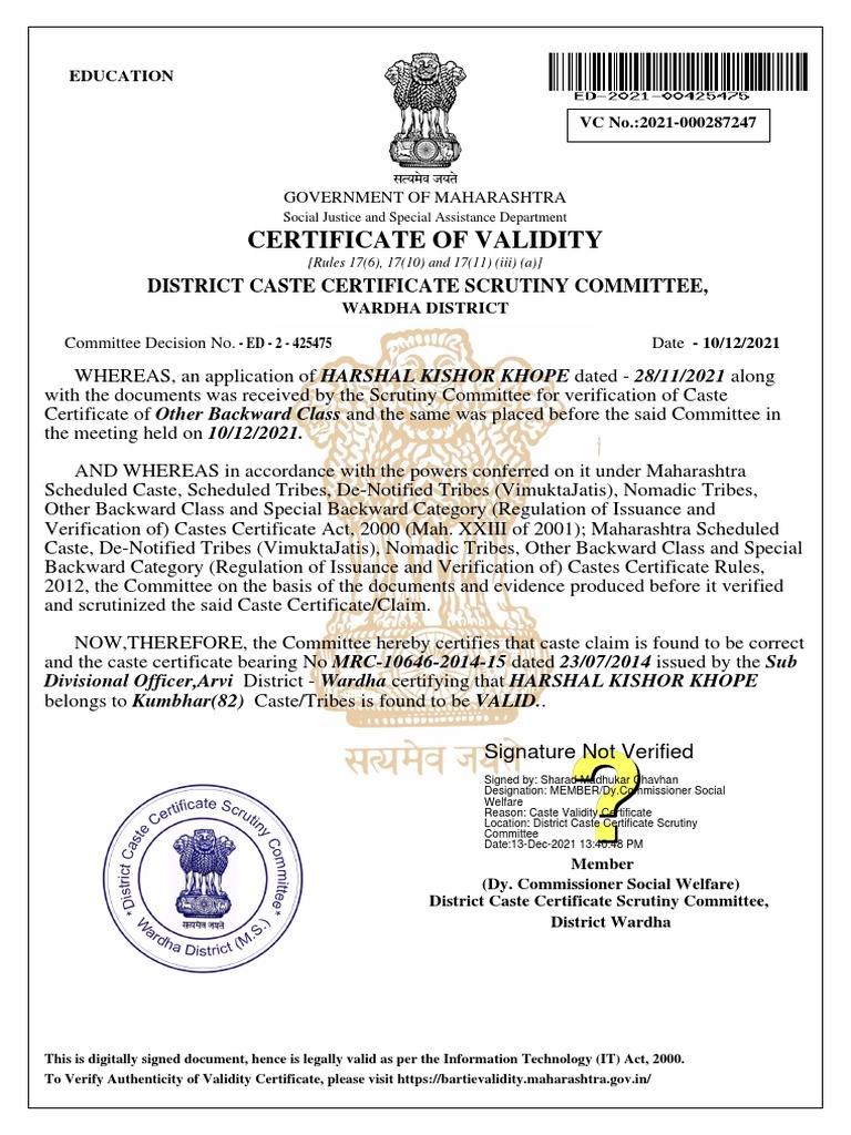 Caste Validity Certificate for Harshal Khope | PDF