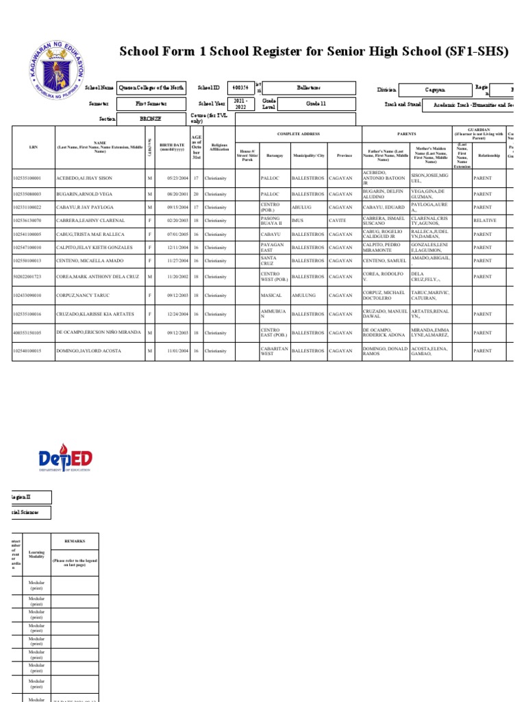 Senior High School Register SF1-SHS | PDF