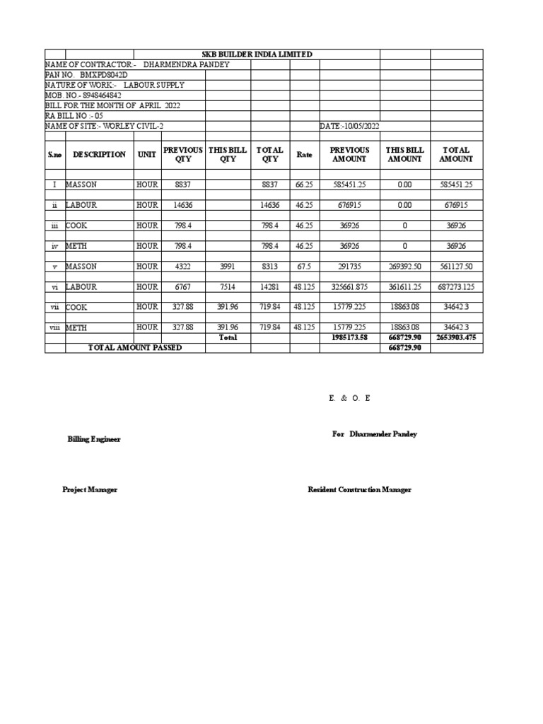 Labour Bill Formate | PDF