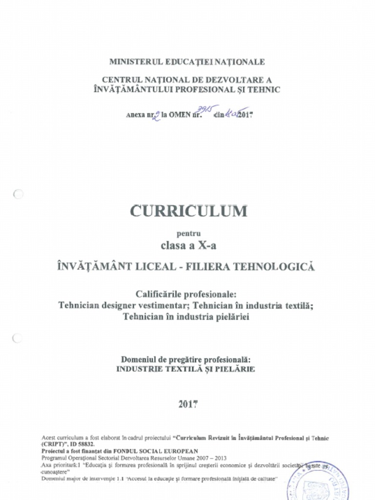 Curriculum Tehnic X Liceu Industrie Textila Si Pielarie | PDF