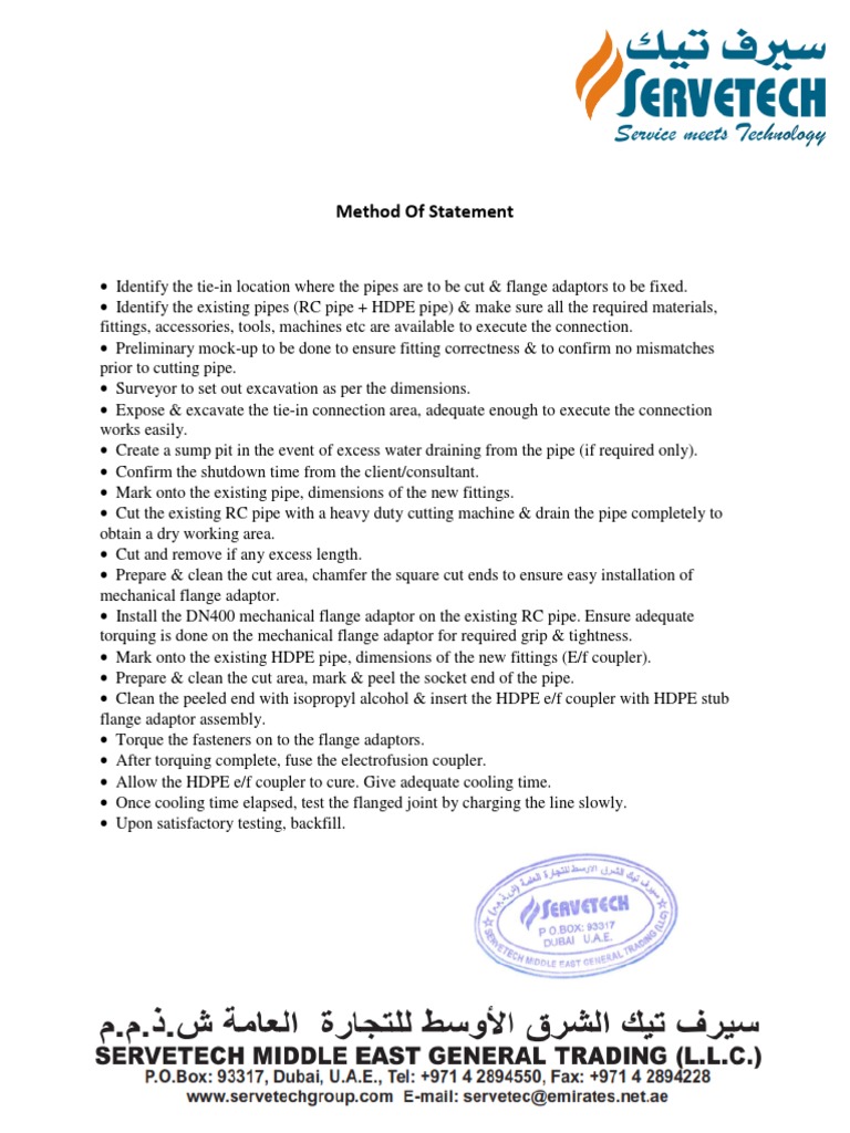 Method Statements For Joining AC Pipe With HDPE Pipe | PDF