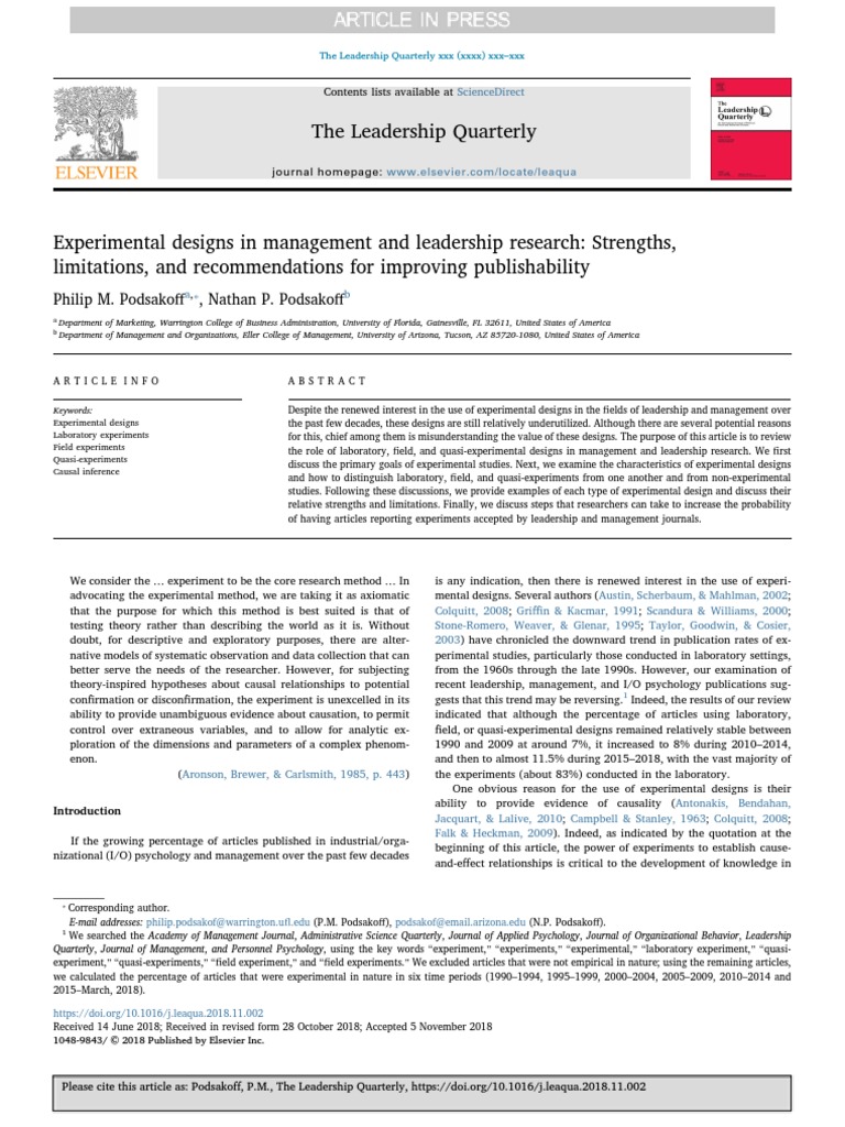 Experimental Designs in Management and Leadership Research Strengths | Download Free PDF ...