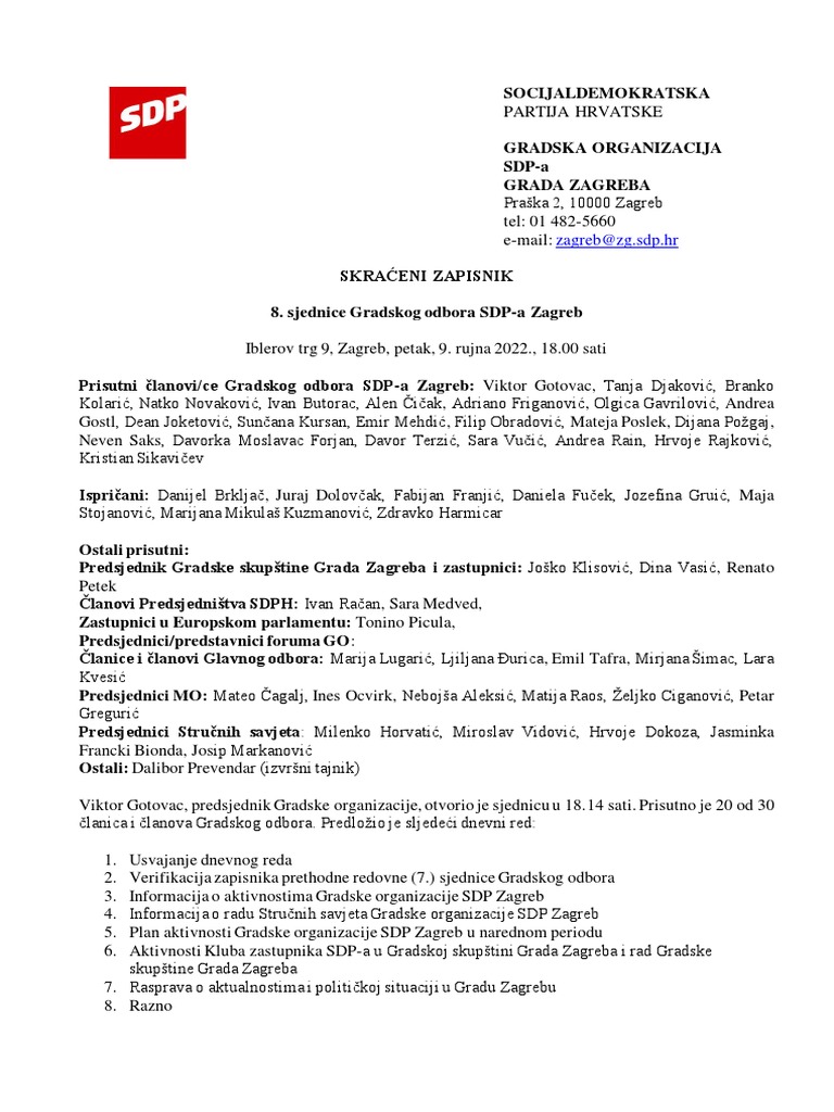 Zapisnik 8. Sjednice GO SDP ZG - 9.9.2022 | PDF