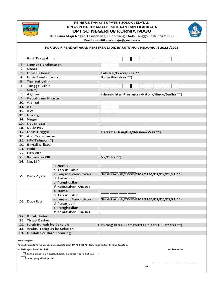 Formulir Pendaftaran Siswa Baru SD | PDF