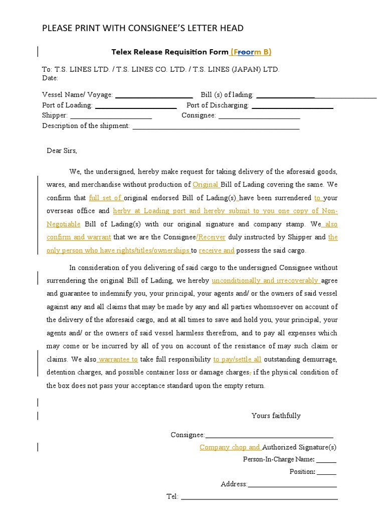 Telex Release Form Format | PDF | Bill Of Lading | Cargo