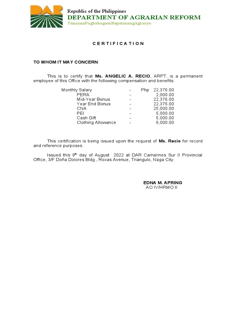 Cert of Employment With Compensation | PDF