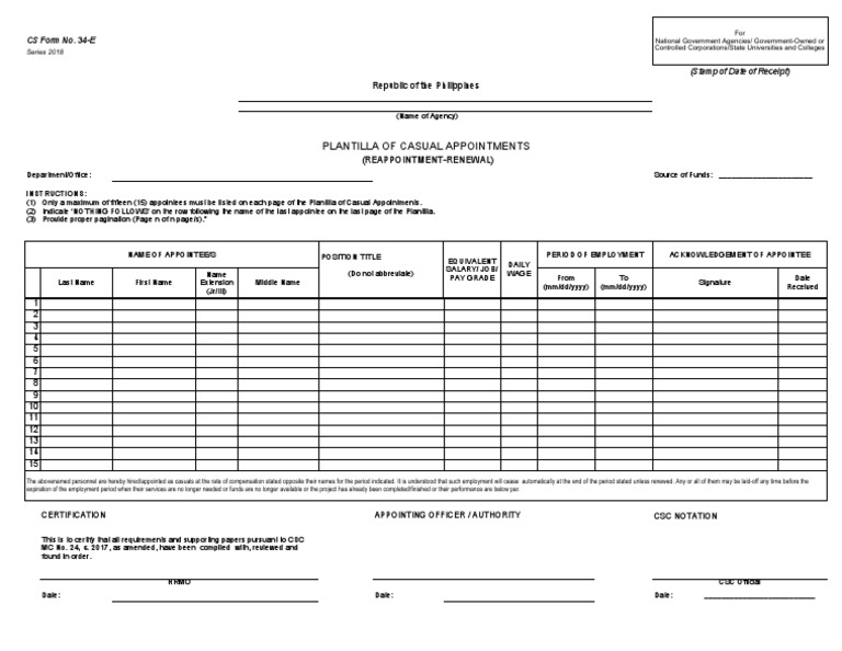 CS Form No. 34-E Plantilla of Casual Appointments NGA-GOCC-SUC-LUC | PDF | Labor | Employment