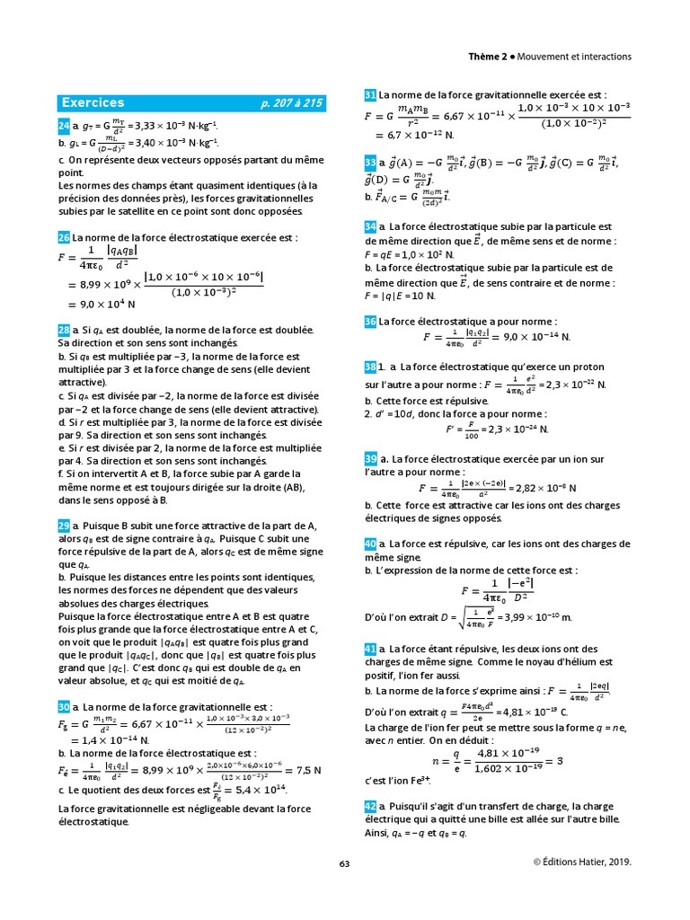 Corrigés ch5 Exercices Physique Chimie 1e | PDF | Masse | Électrostatique