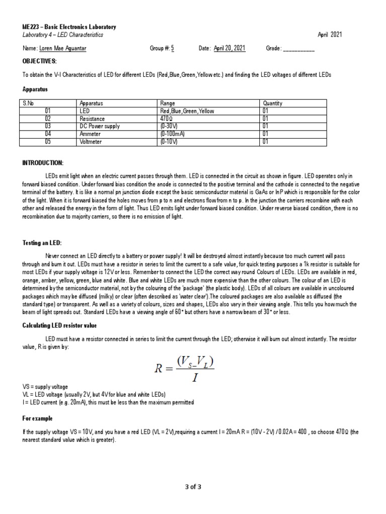 Loren Mae Aguantar Laboratory 4 LED Characteristics | PDF | Light Emitting Diode | P–N Junction