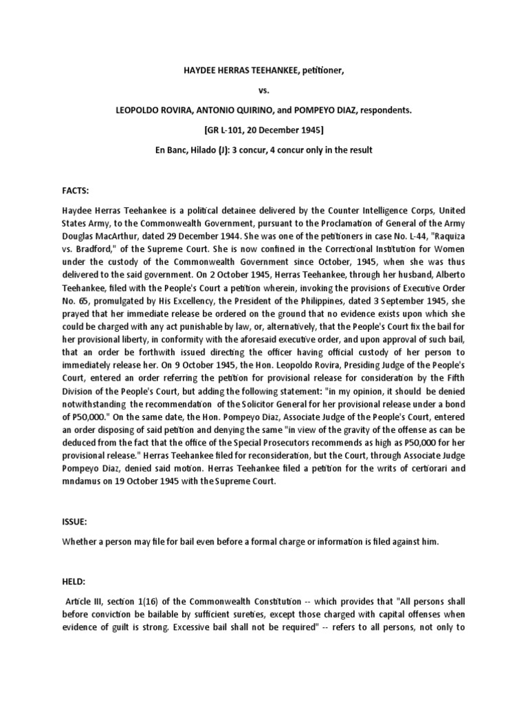 Teehankee v. Rovira, G.R.No. L 101, Dec. 20, 1945 Digest | PDF | Bail ...