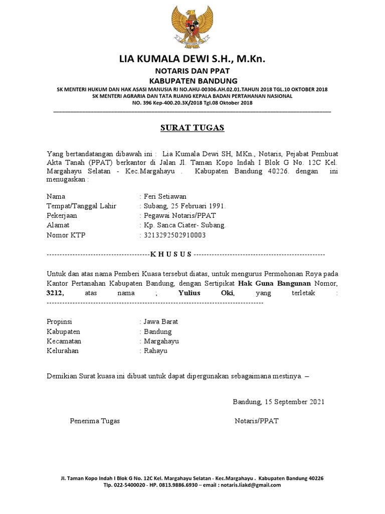 Surat Tugas Notaris untuk Pengurusan Roya HGB | PDF