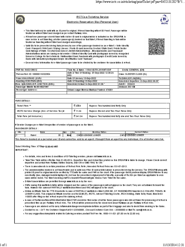 IRCTCs e Ticketing Service Electronic Re | PDF | Identity Document | Access Control