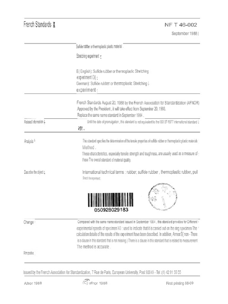 NF T46-002-硫化或热塑橡胶-拉伸试验 | PDF