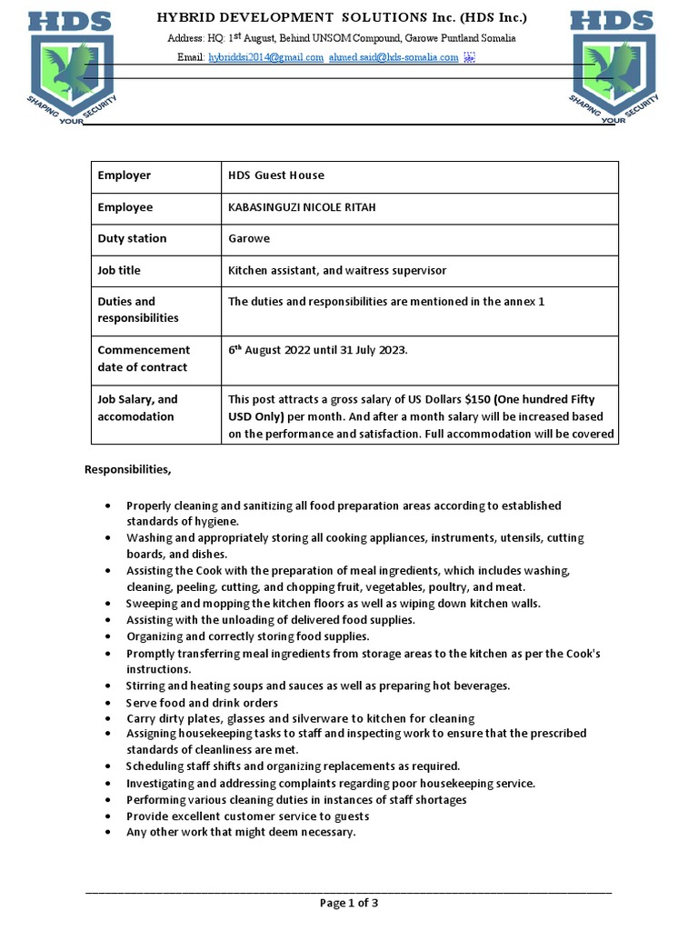 HDS Kitchen Assistant | PDF | Kitchen | Employment