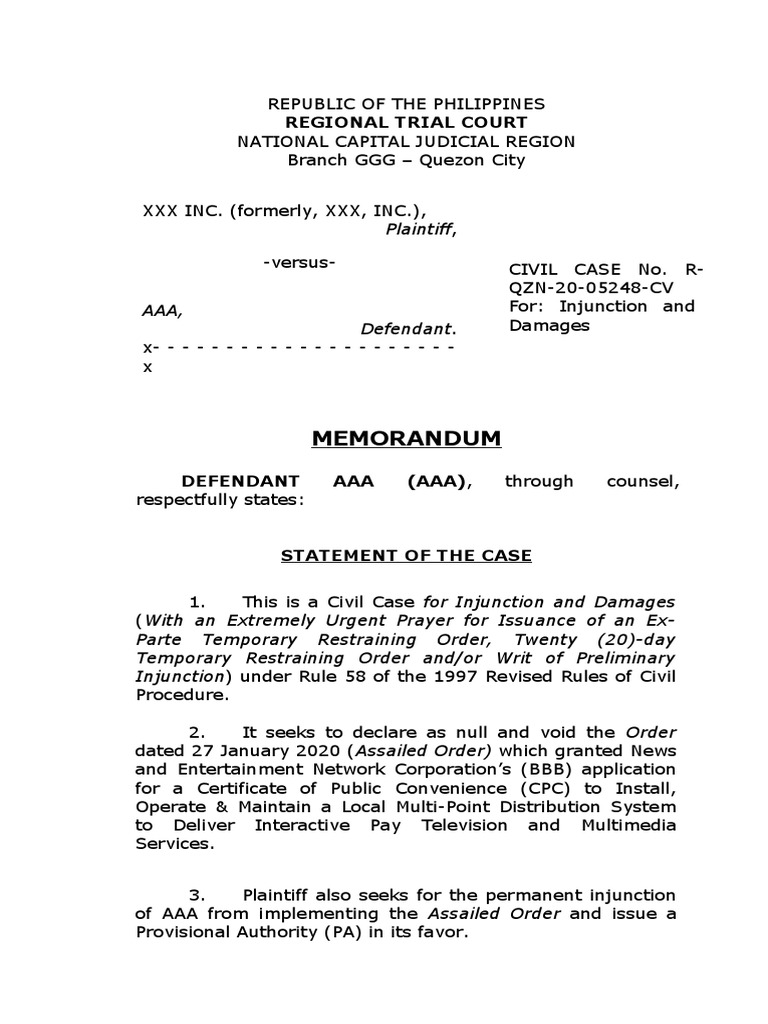 Sample Memorandum | PDF | Injunction | Lawsuit