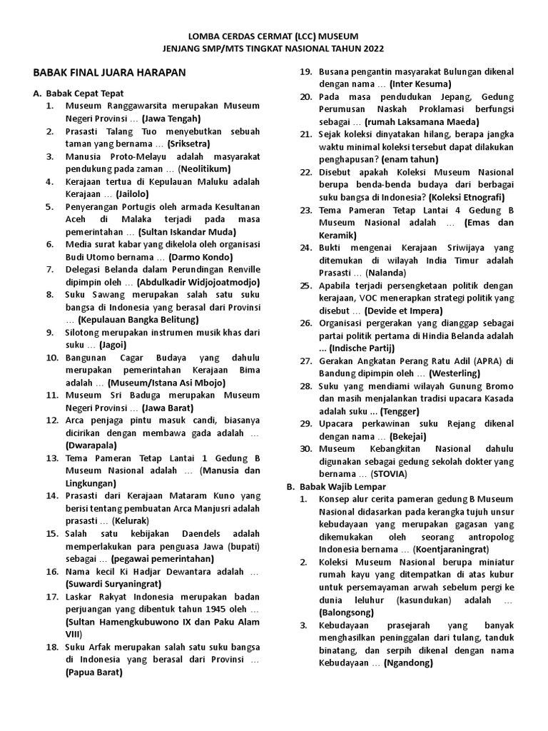 Kumpulan Soal Lomba Cerdas Cermat Museum Tingkat Nasional 2022 (Babak Final) | PDF