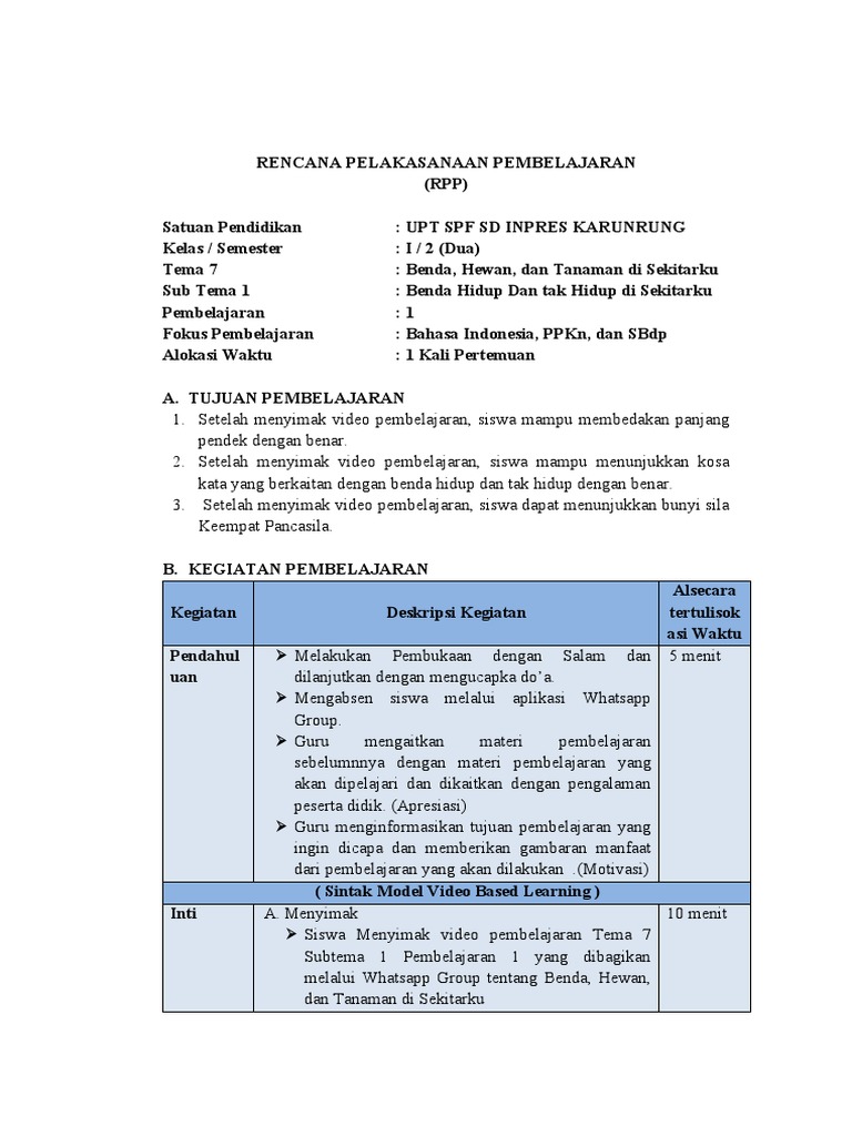 RPP Kelas 1, Tema 7, ST 1, PB 1 | PDF