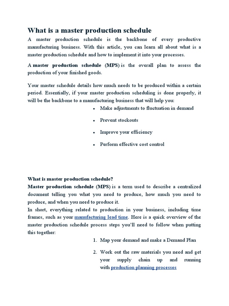 Master Production Schedule Overview | PDF | Goal | Inventory