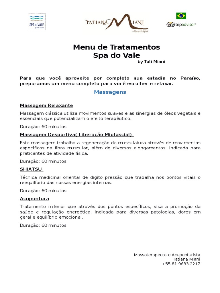 Menu Spa | PDF | Massagem | Medicina Clínica