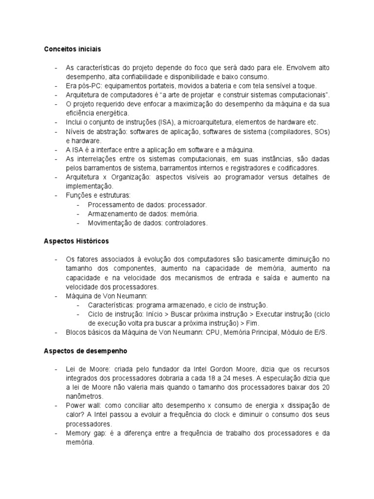 Esquema de Estudo para Primeira Prova de Arq Comp | PDF | Microprocessador | Entrada/Saída