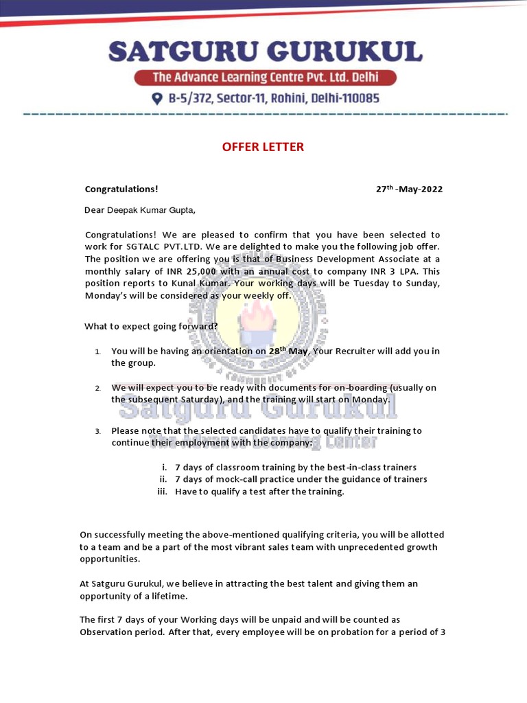 Offer Letter (Deepak Kumar Gupta) | PDF | Labor | Business