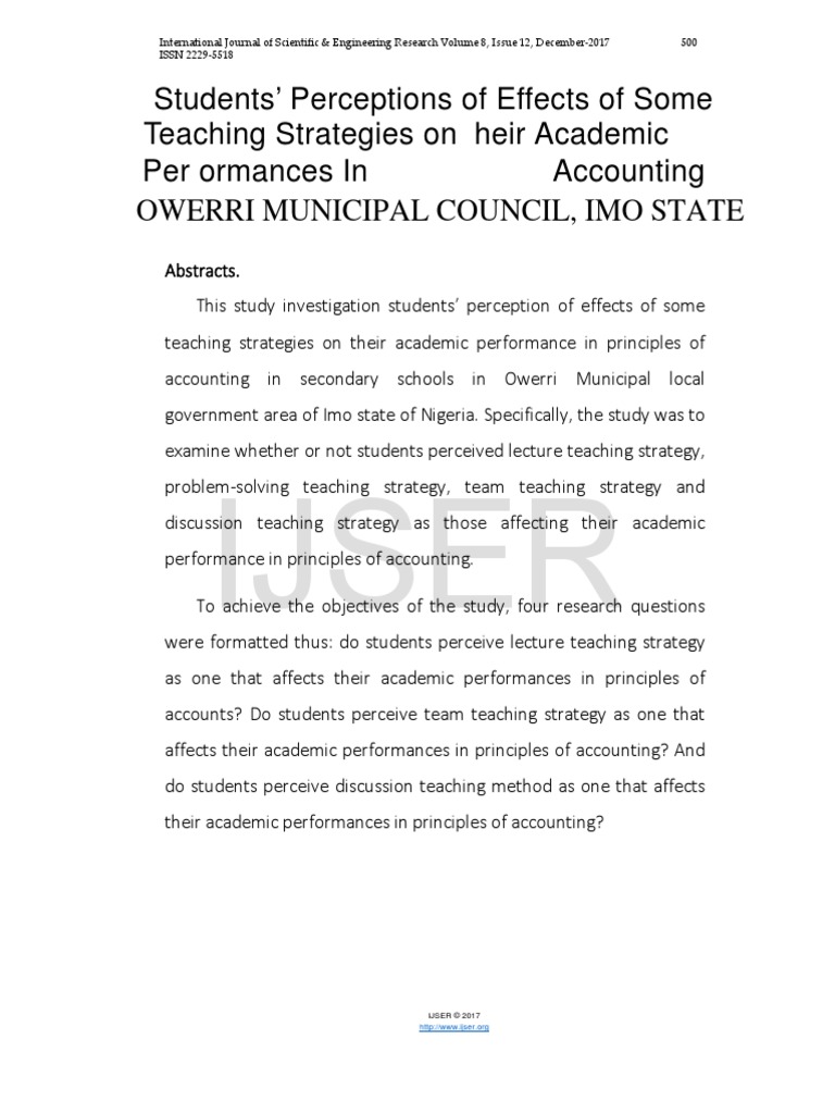 Students Perceptions of Effects of Some Teaching Strategies On Their Academic Permormances in ...