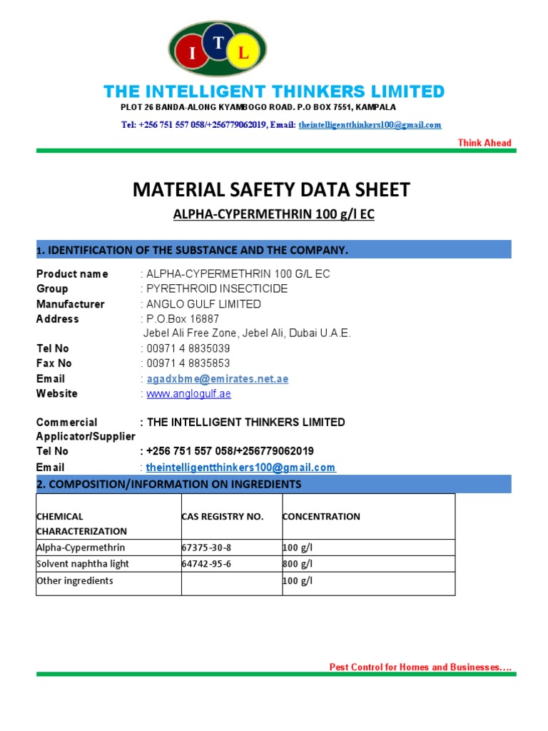 Alpha-Cypermethrin MSDS | PDF | Water | Toxicity