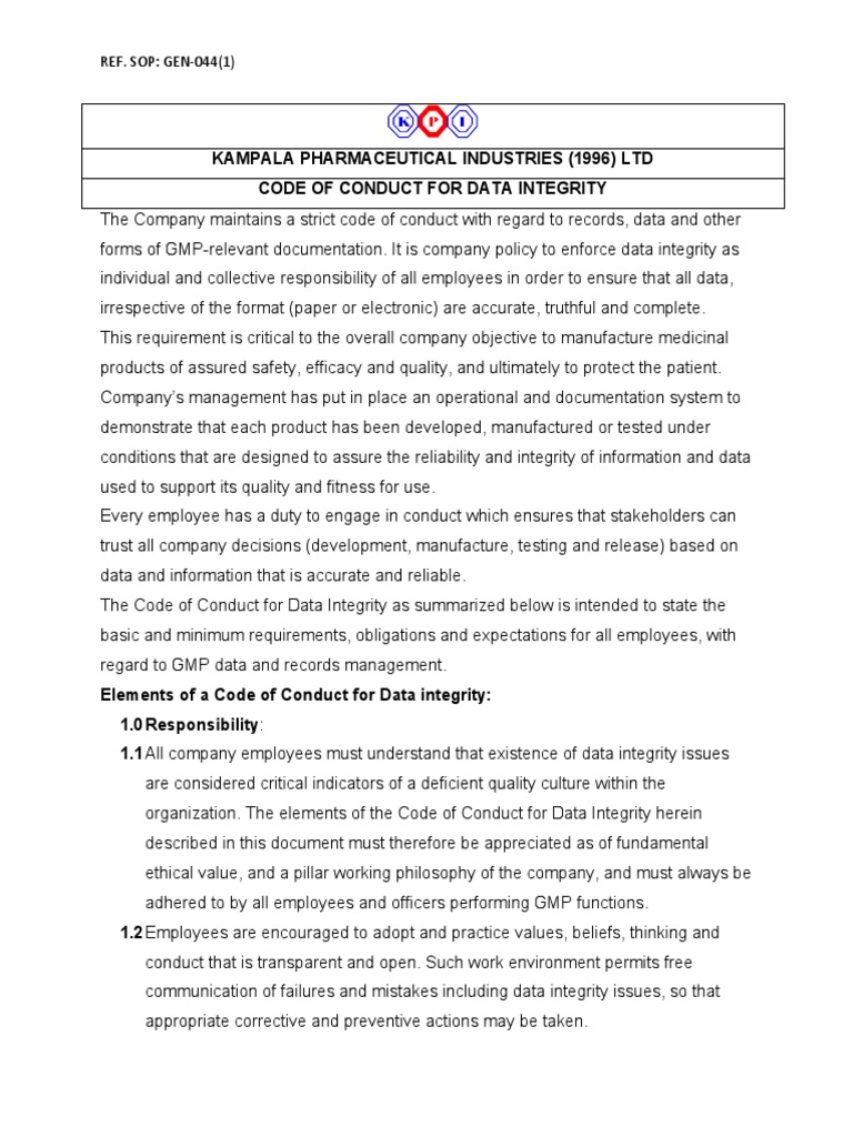 Data Integrity Code of Conduct | PDF | Integrity | Business