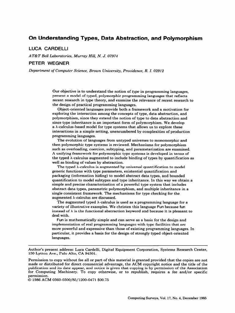 Cardelli, Wagner. On Understanding Types, Data Abstraction, and Polymorphism, 1985 | Download ...