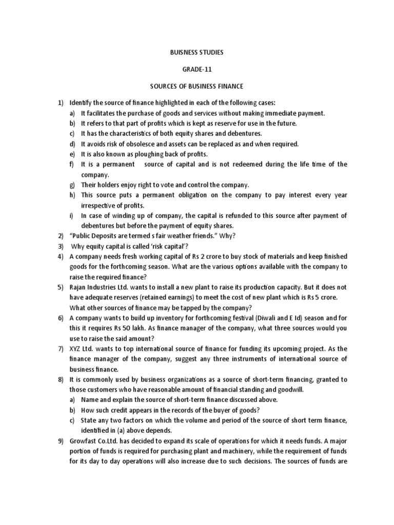 BUISNESS STUDIES Grade 11 Sources of Finance Worksheet | PDF | Equity ...
