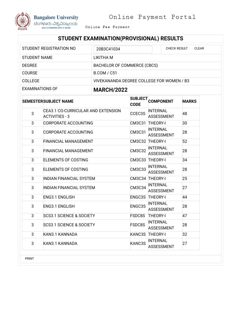 Bangalore University- Provisional Examination Results (1) | PDF