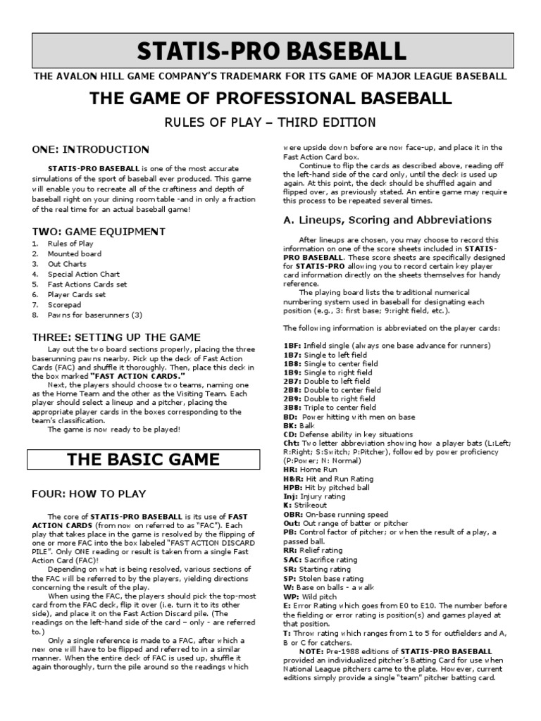 Statis Pro Baseball Rules 3rd Edition | PDF | Pitcher | Baseball Positions