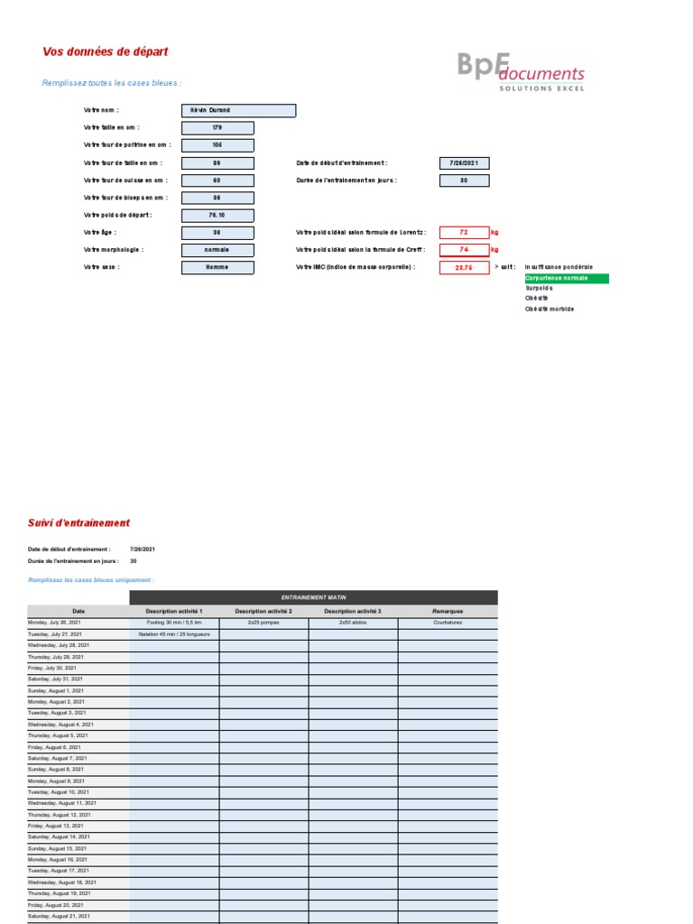 Fichier Excel Preparation Physique | PDF | Indice de masse corporelle ...